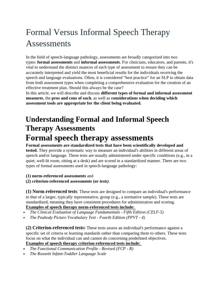 Formal Versus Informal Speech Therapy Assessments | PDF | Educational ...