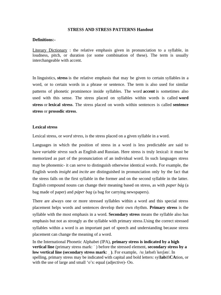 STRESS AND STRESS PATTERNS Handout | PDF | Stress (Linguistics ...