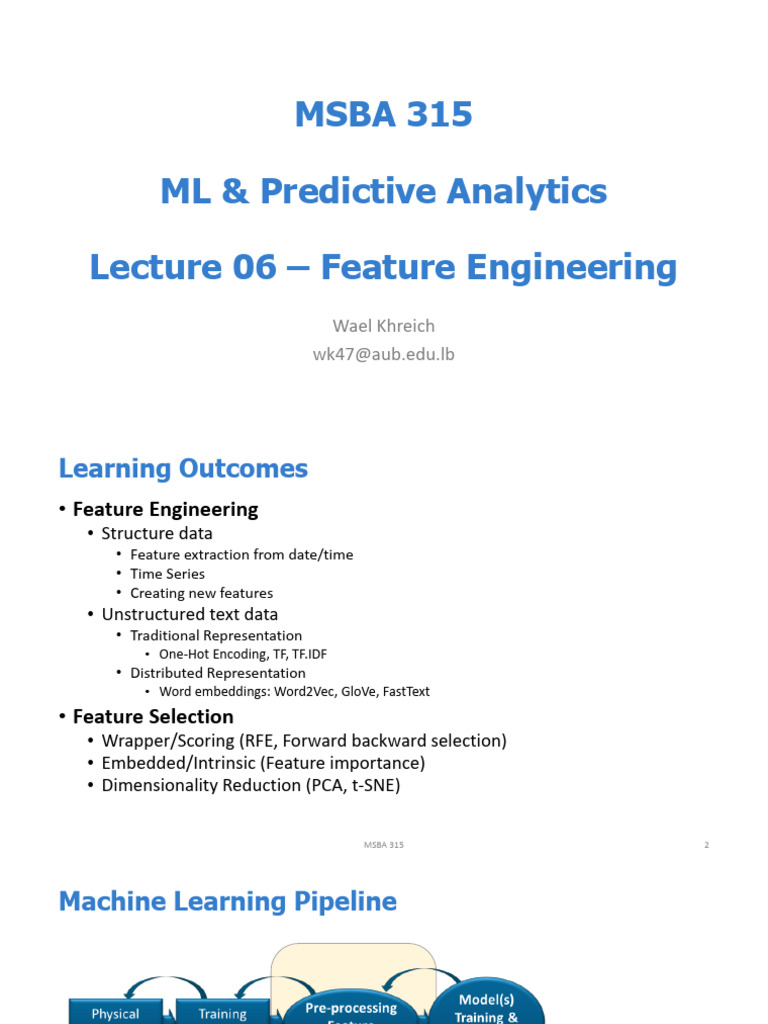 Lect 06 Feature Engineering and Selection | PDF | Principal Component Analysis | Glove