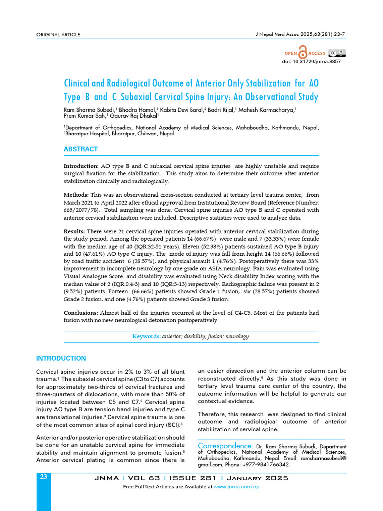 Clinical and Radiological Outcome of Anterior Only Stabilization For AO ...