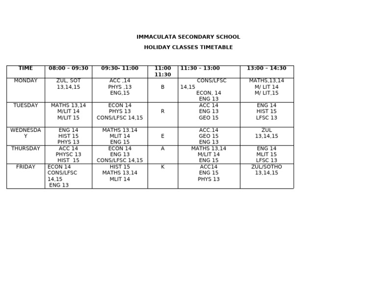 Holiday Classes Timetable April May 2025 | PDF