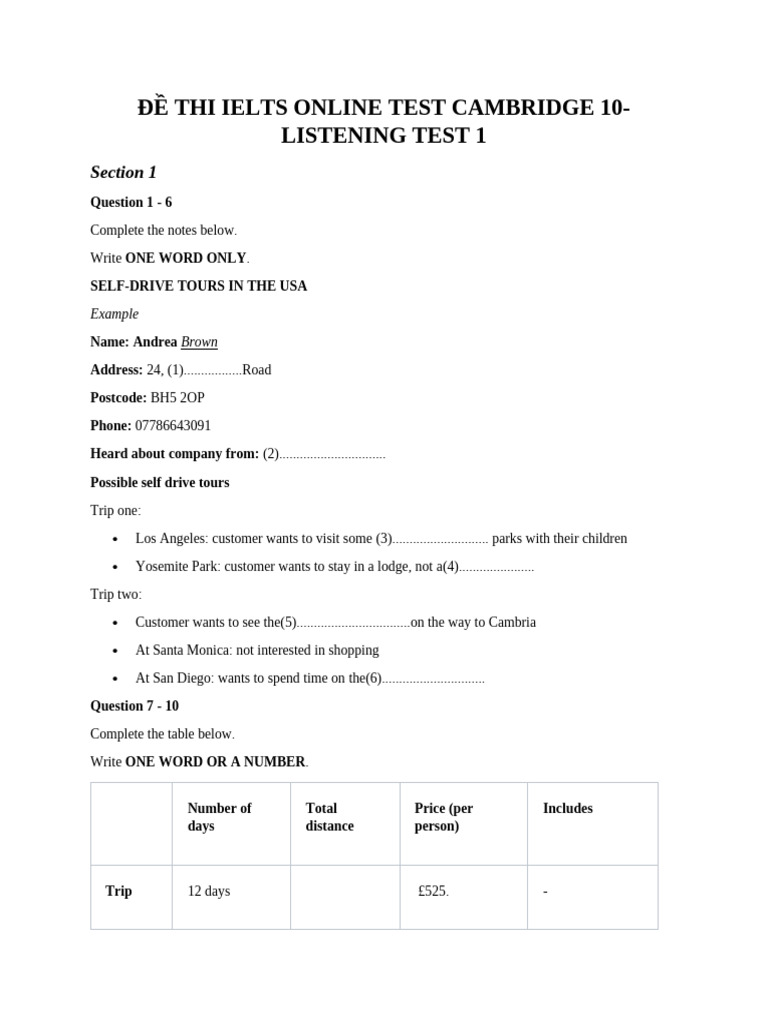 IELTS Listening Test 1: Self-Drive Tours | PDF | Forests | Bears