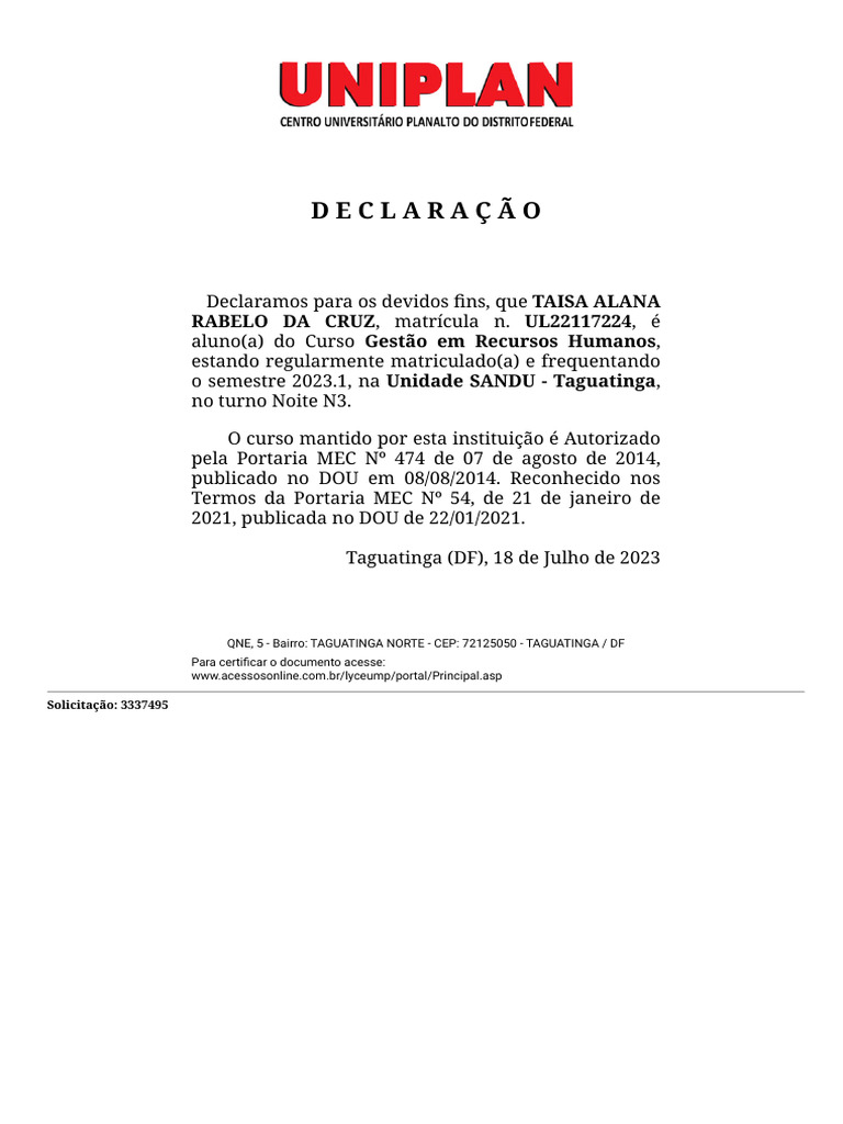 Comprovante Uniplan 2 | PDF