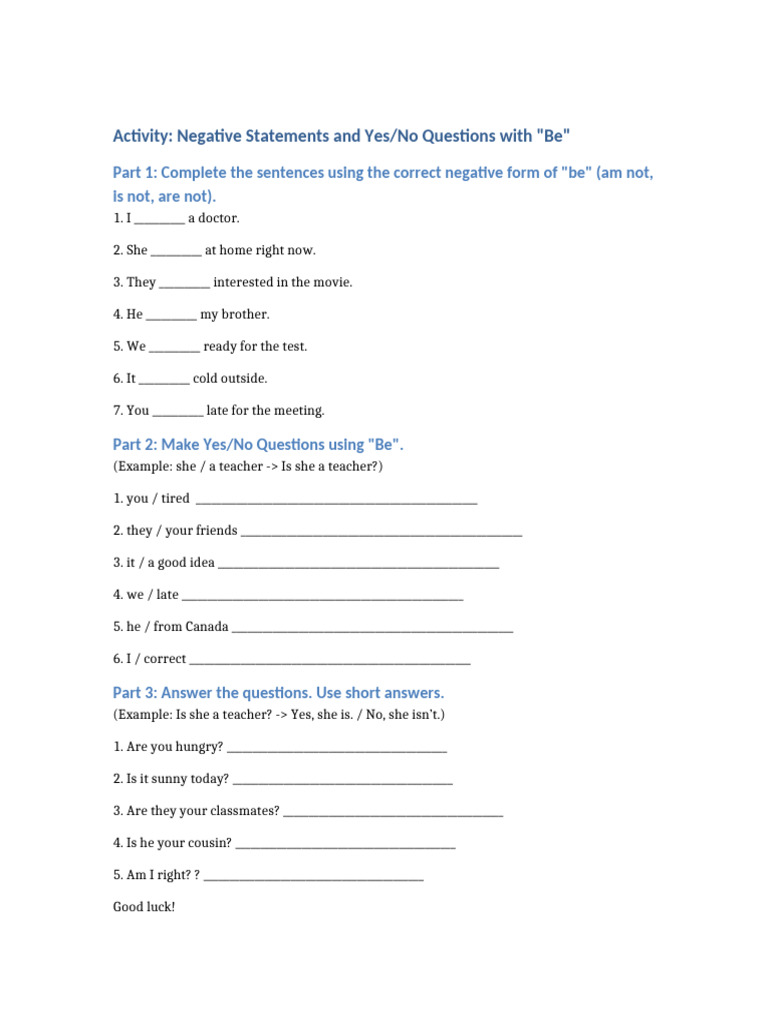 Negative Statements Yesno Questions Be | PDF