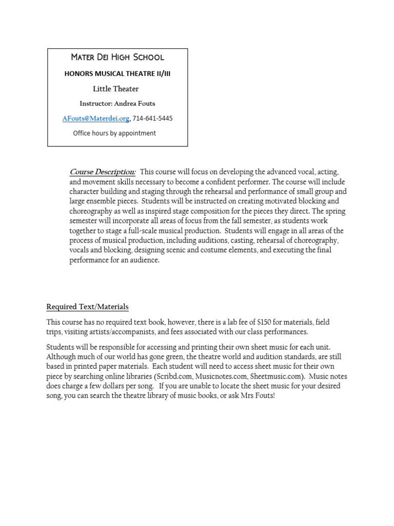 Syllabus - Honors Musical Theatre II-III 23-24 | PDF | Audition | Theatre