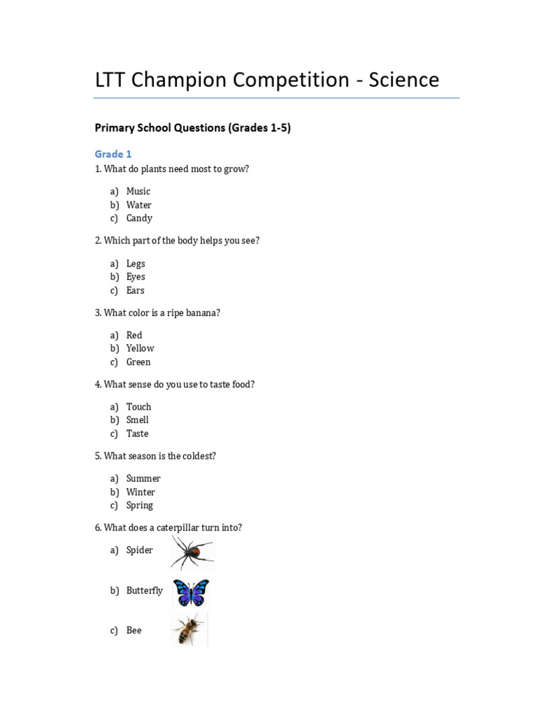 Primary School Science Quiz Questions | PDF | Earth | Water