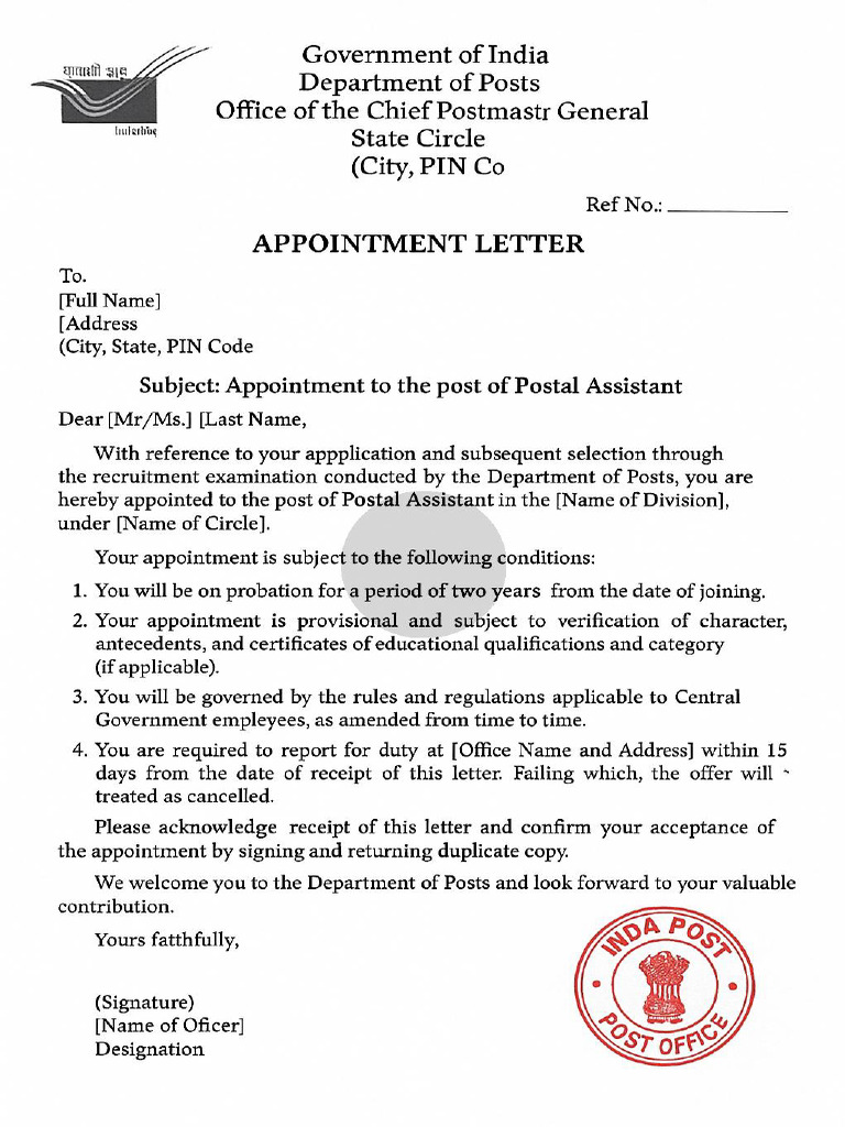 Postal Assistant Appointment Letter Emblem Watermark | PDF
