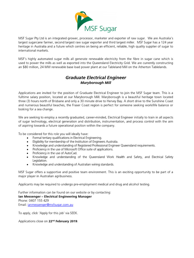 Graduate Electrical Engineer Maryborough Mill Advert PD | PDF ...