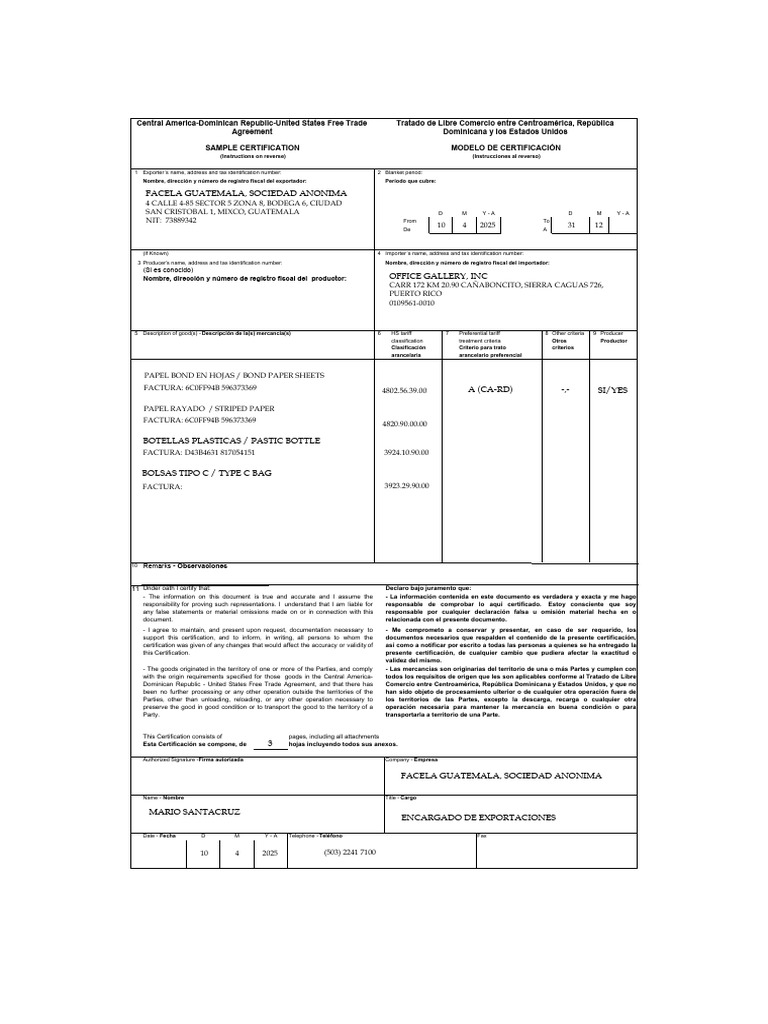 Anexo Certificado de Origen CAFTA DR Formato Sugerido | PDF | Comercio | El comercio internacional
