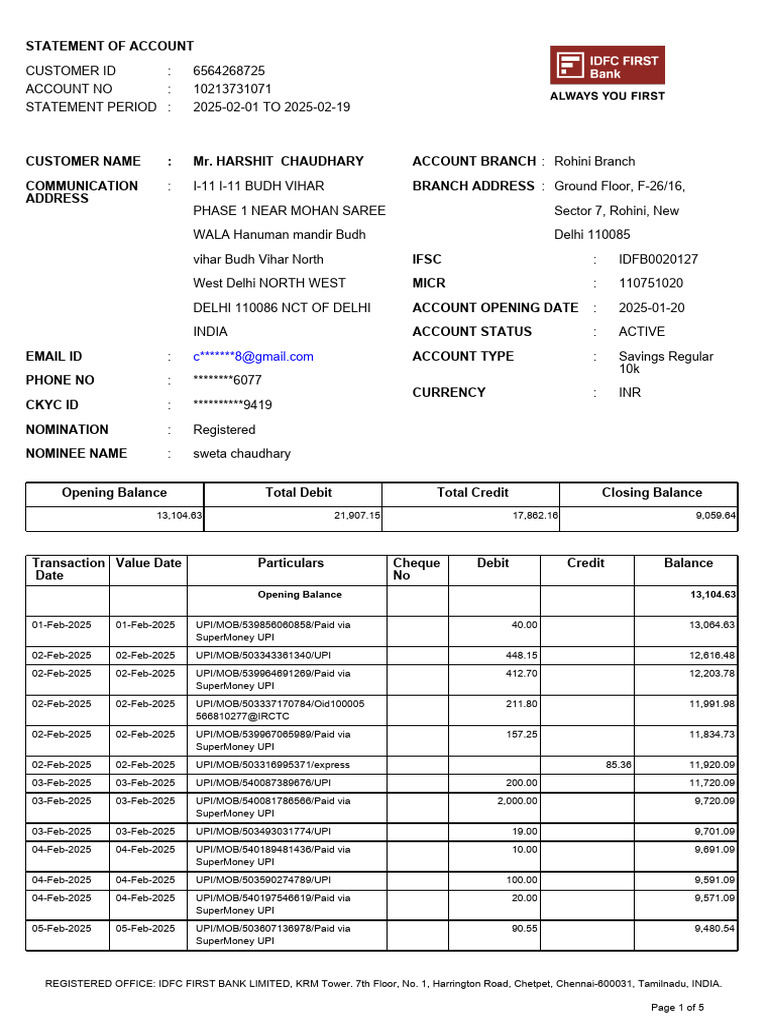 IDFCFIRSTBankstatement 10213731071 093002943 | PDF | Debits And Credits ...