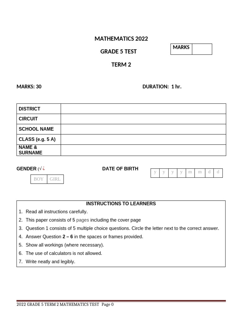 Grade 5 Mathematics Test Term 2 2022 | PDF | Mathematics