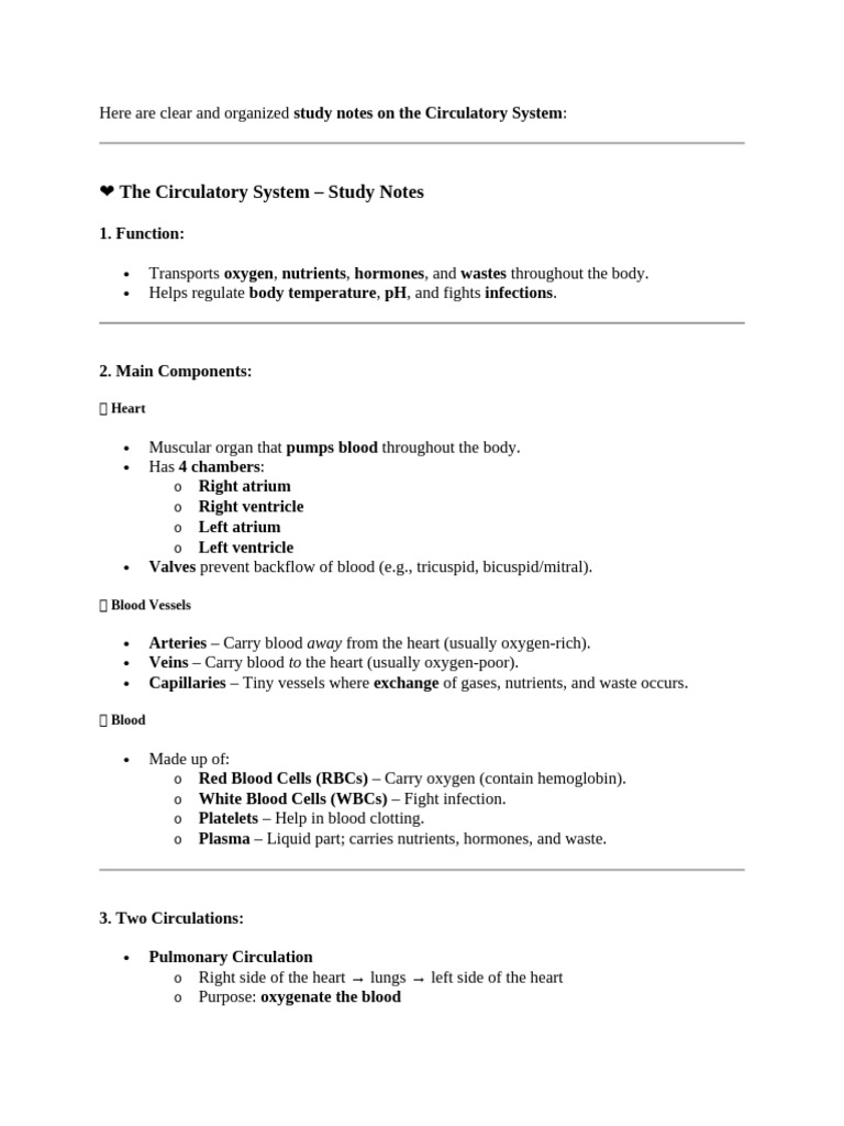 The Circulatory System Notes | PDF