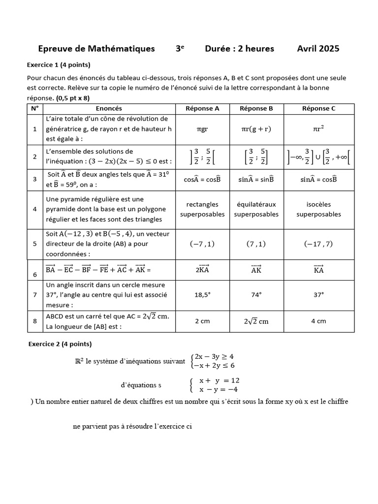 Épreuve de Maths 3e - Avril 2025 | PDF | Triangle | Mathématiques ...