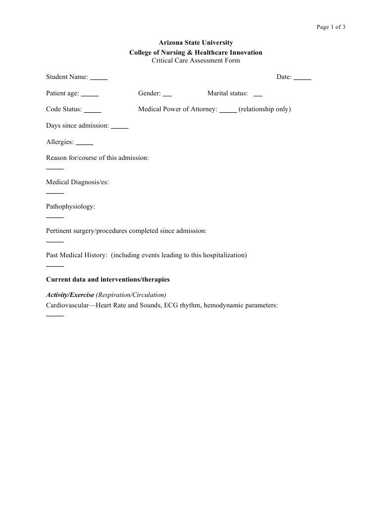 Critical Care Assessment Form Template | PDF