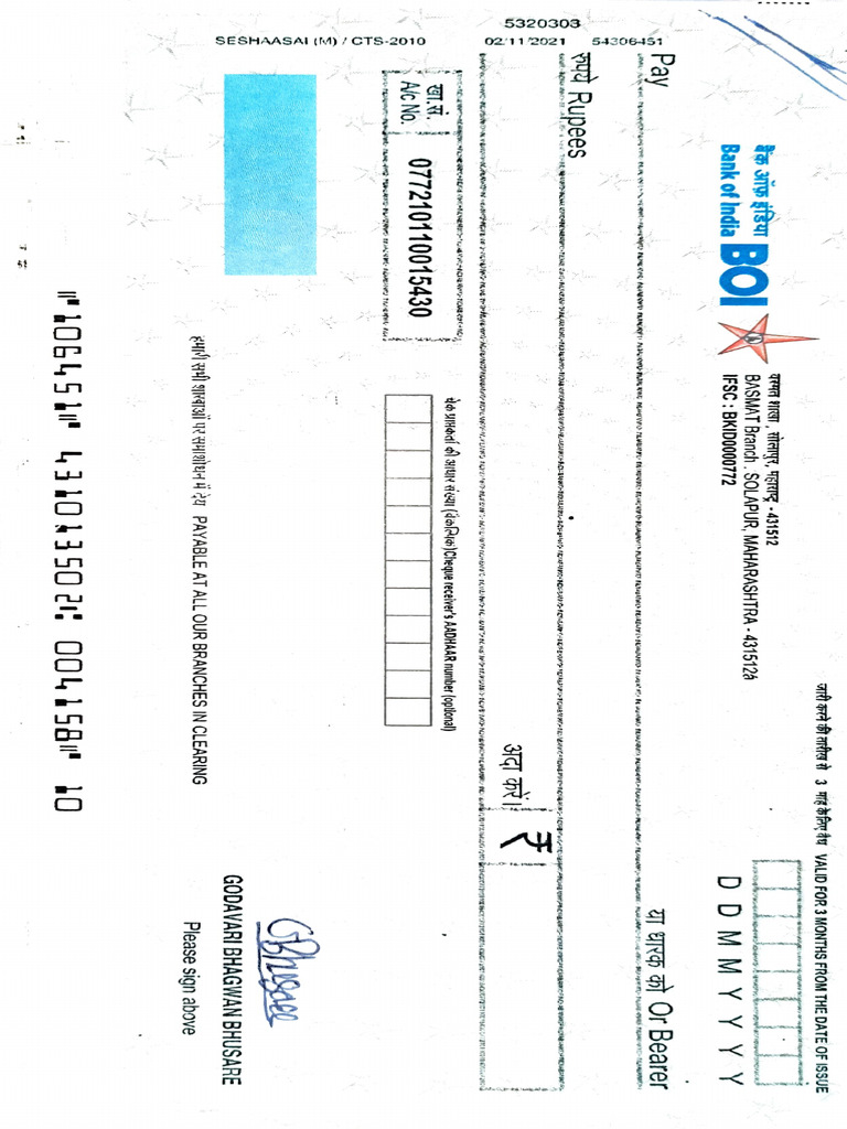 Bank of India Cheque Format Guide | PDF
