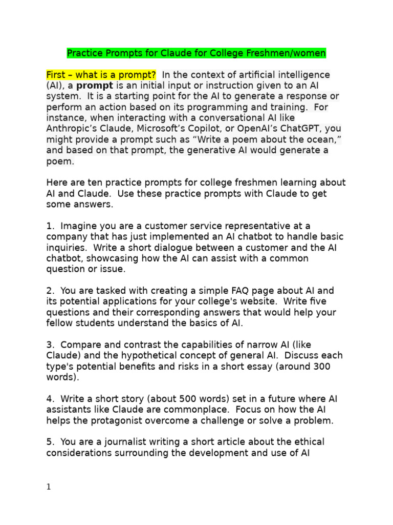 0002 - Practice Prompts For Claude For College Freshmen | PDF | Artificial Intelligence ...