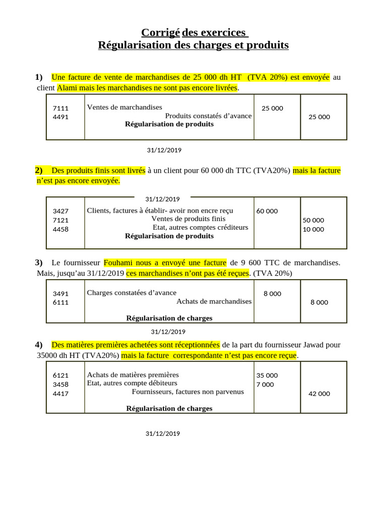 Exercices Corrigés: La Régularisation Des Charges Et Produits À L'inventaire | PDF | Facture ...