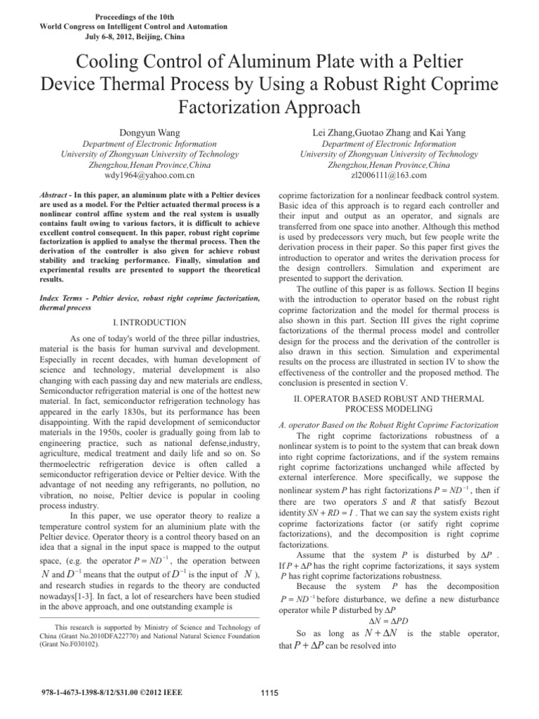 Cooling Control of Aluminum Plate With A Peltier Device Thermal Process by Using A Robust Right ...