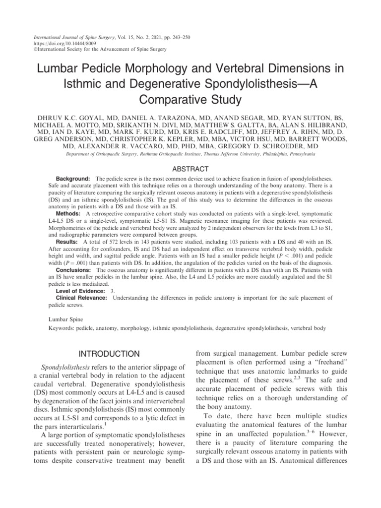 Lumbar Pedicle Morphology and Vertebral Dimensions in Isthmic and ...