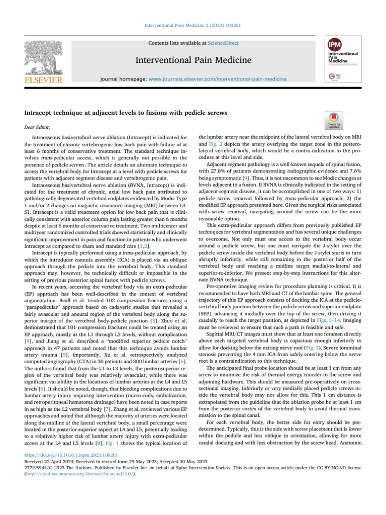 Intracept technique at adjacent levels to fusions with pedicle screws ...
