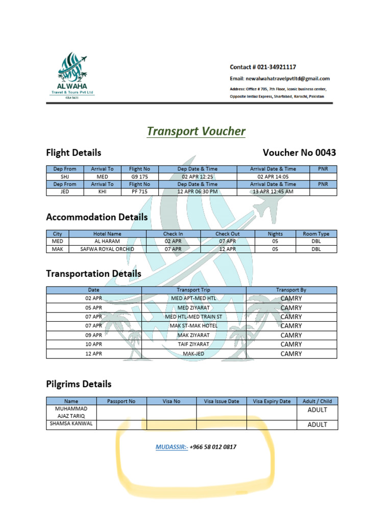 Muhammad Ajaz Tariq & Family Private Transport Voucher 0043-1 | PDF
