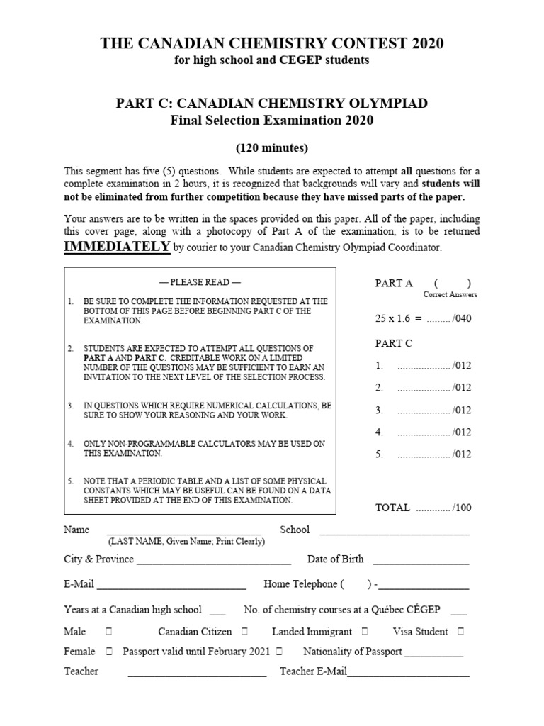 Canadian Chemistry Contest 2020 EN Part C | PDF | Coordination Complex ...