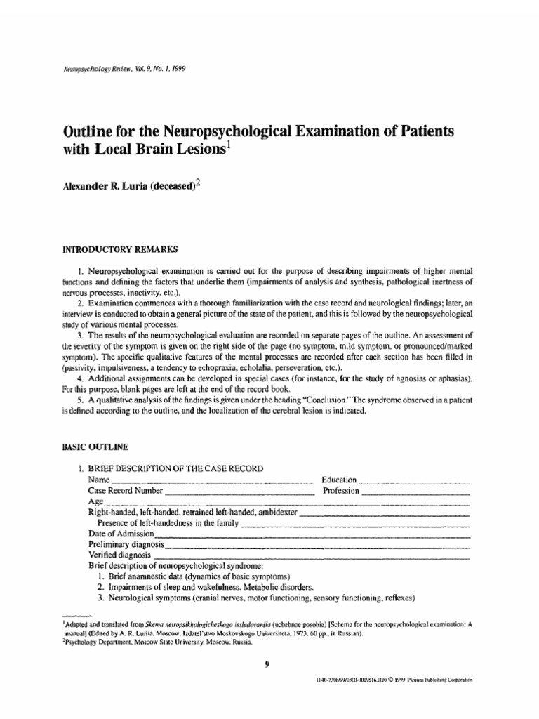 Luria_1999_Outline for the Neuropsychological Examination of Patients ...