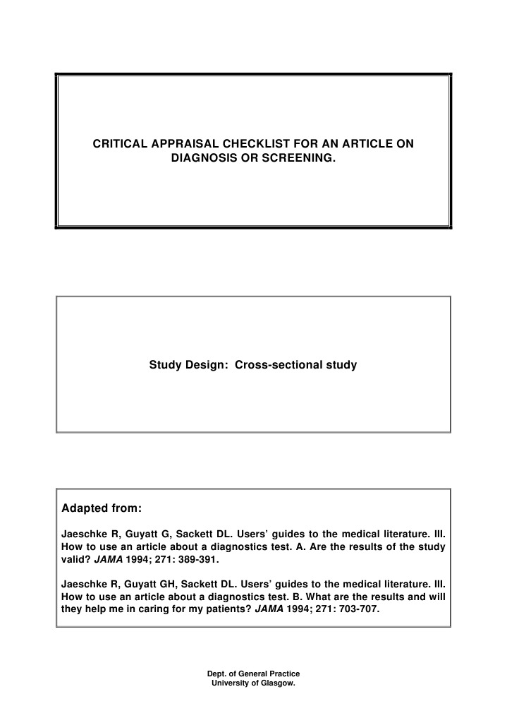 Critical Appraisal Checklist For An Article On Diagnosis or Screening | PDF | Sensitivity And ...