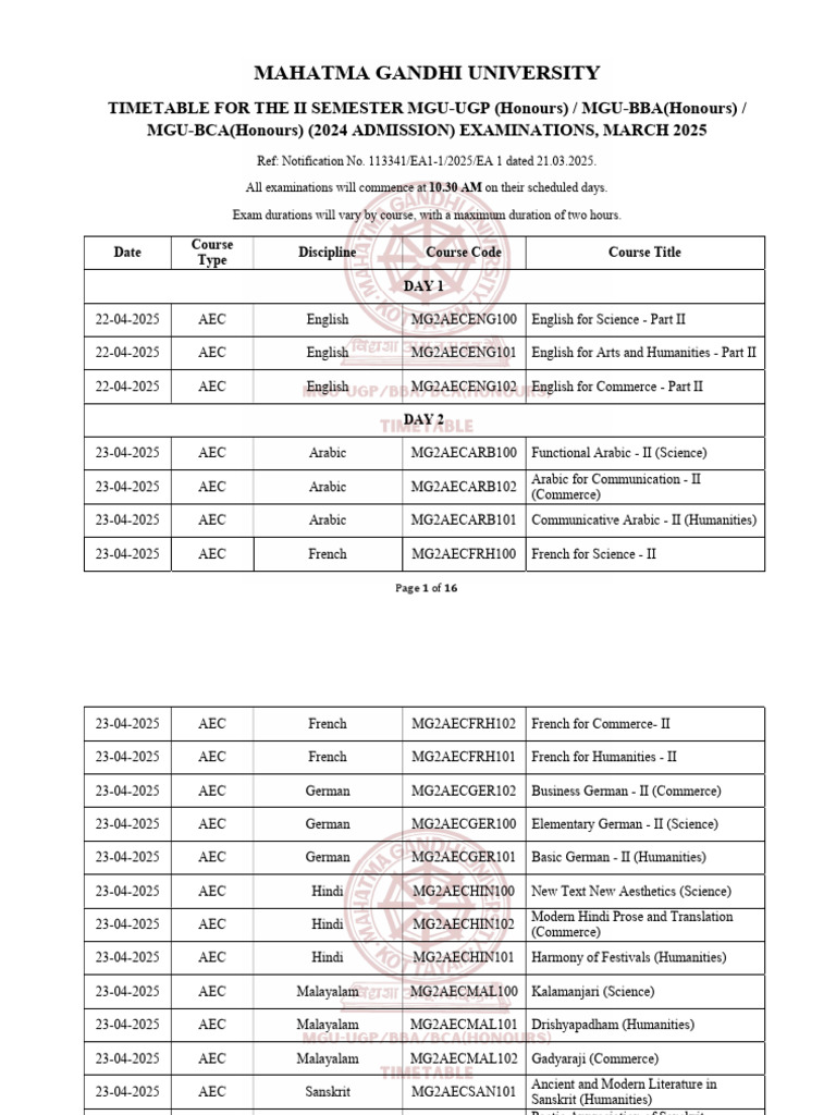 MGU 2nd Semester Exam Timetable 2025 | PDF | Science | Sanskrit