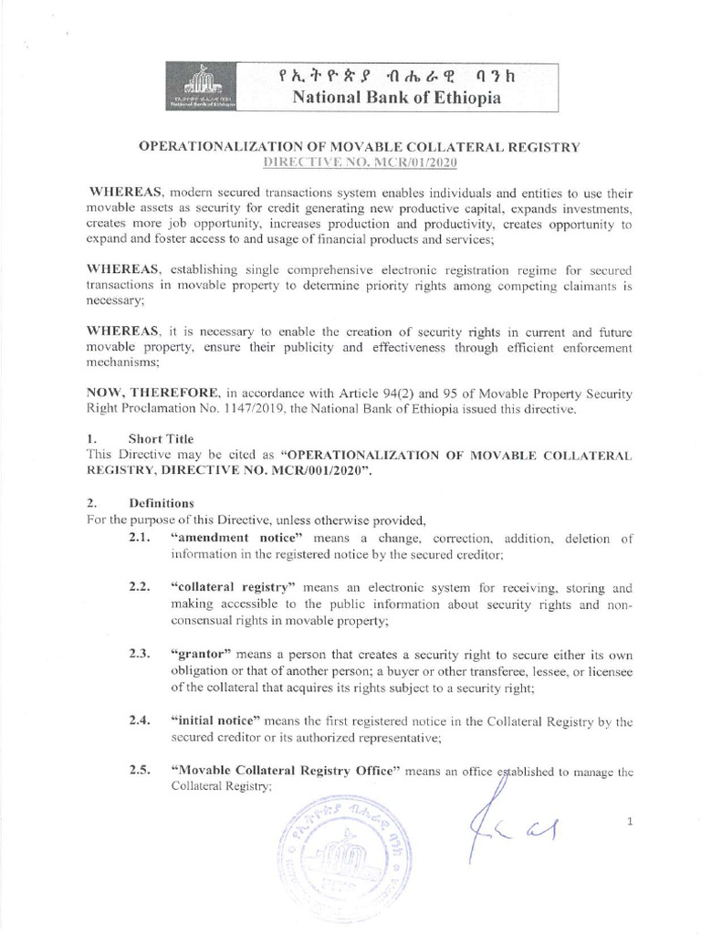 Directive No MCR - 01 - 2020 - Operationalization of Movable Collateral ...