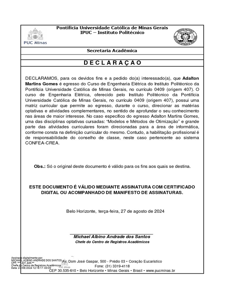 Declaração de Egresso em Engenharia Elétrica | PDF
