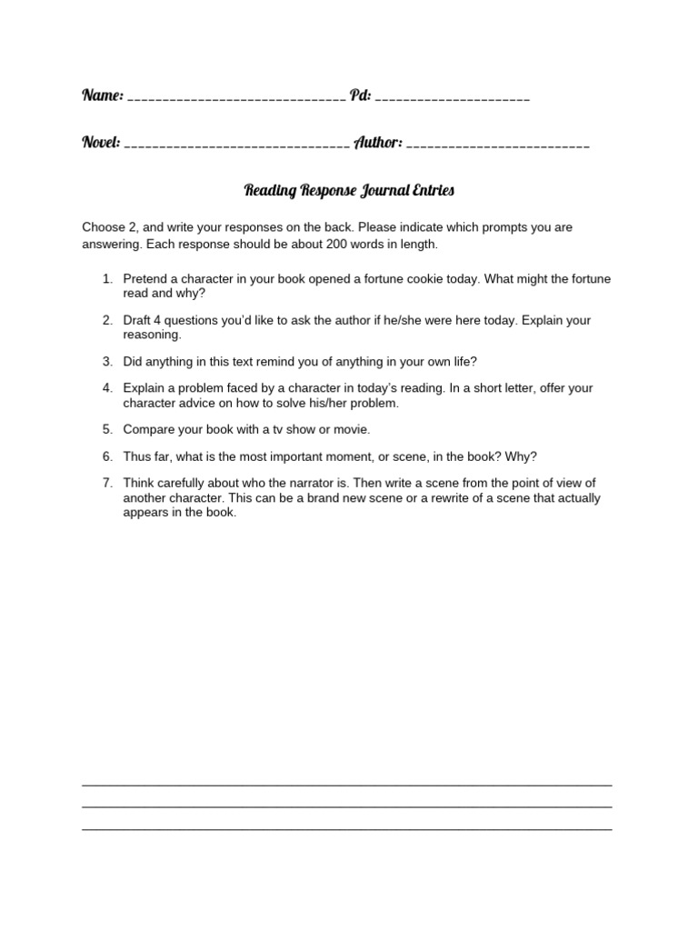 Reading Response Journal Prompts | PDF | Narration