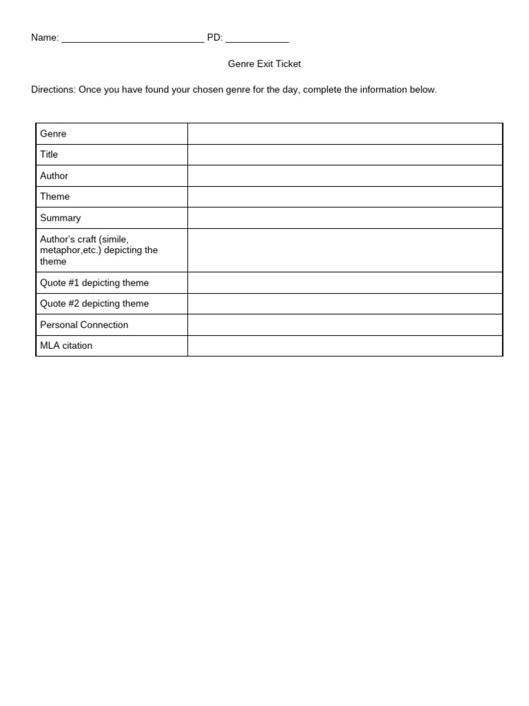 Genre Exit Ticket Template | PDF