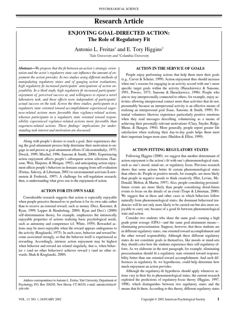 Freitas - Enjoying Goal-Directed Action. The Role of Regulatory Fit ...