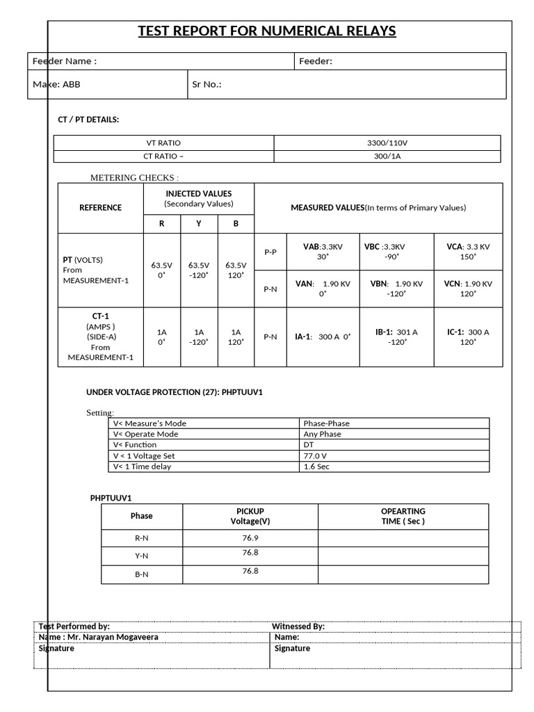 Numerical Relay Testing Report | PDF | Relay | Volt