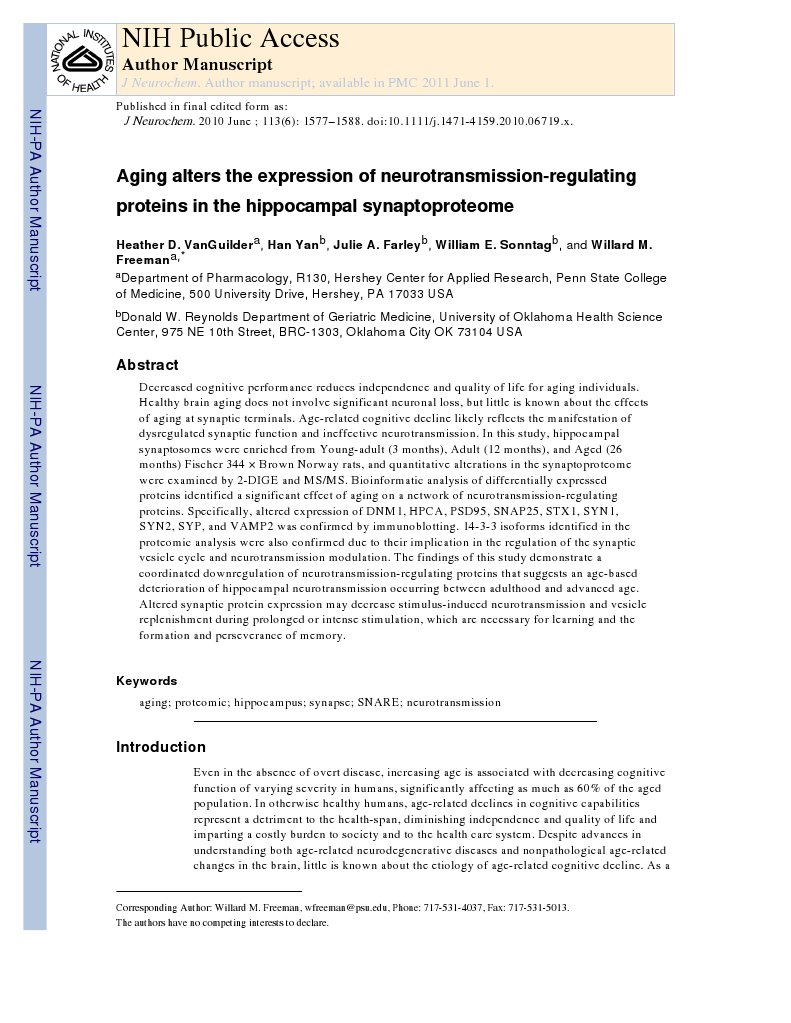 Aging in Mouse - Synaptosome Proteomics | PDF | Hippocampus | Chemical ...