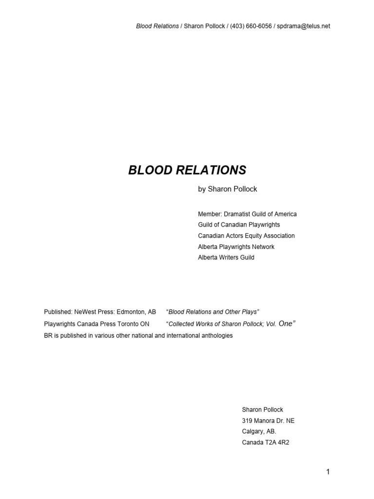 Blood Relations: A Play by Sharon Pollock | PDF