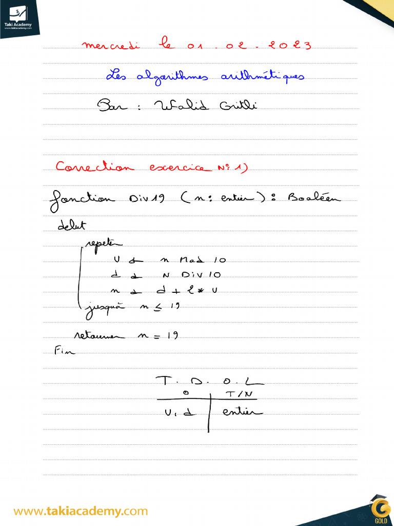 63dbdab36fc58 - Série20 - Les Algorithmes - Arithméthiques - Corrigé | PDF