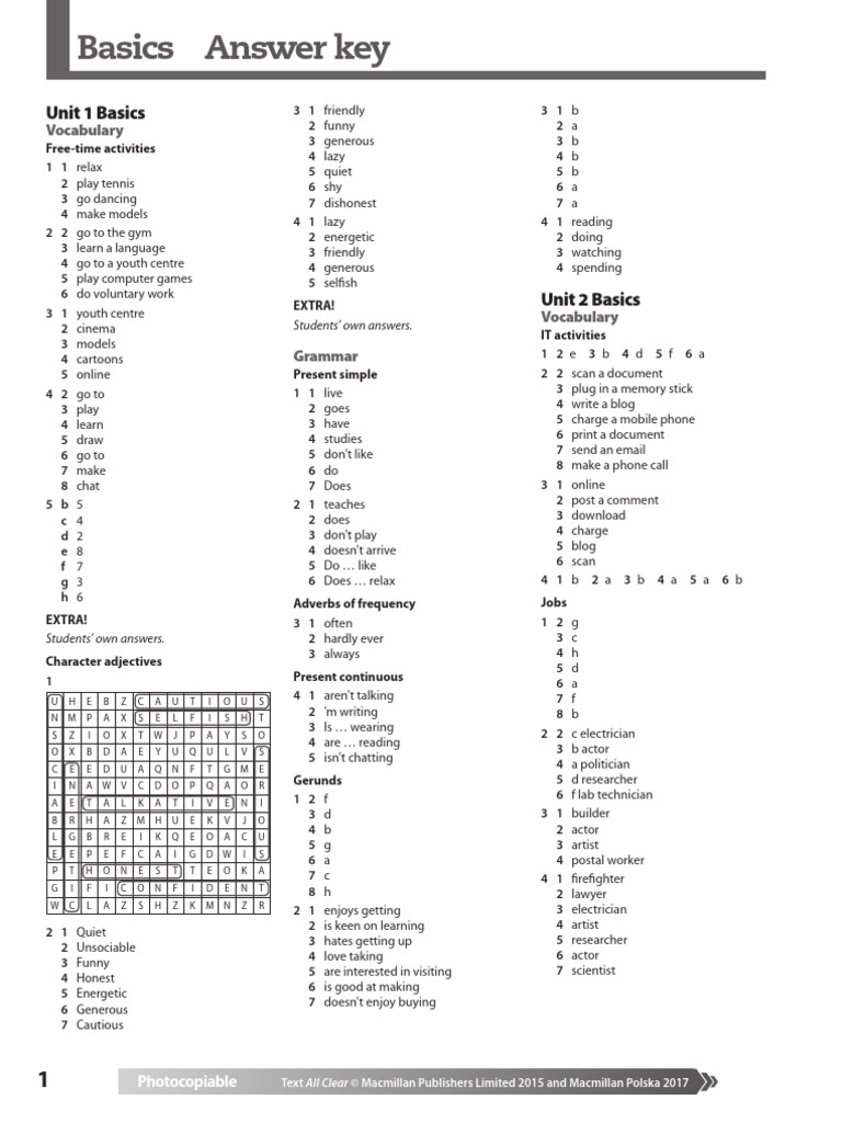 All Clear kl7 TRF Basics Answer Key | PDF | Adverb | Syntax