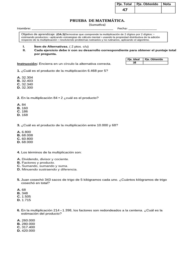 Prueba de Matemáticas: Multiplicación y Problemas | PDF ...