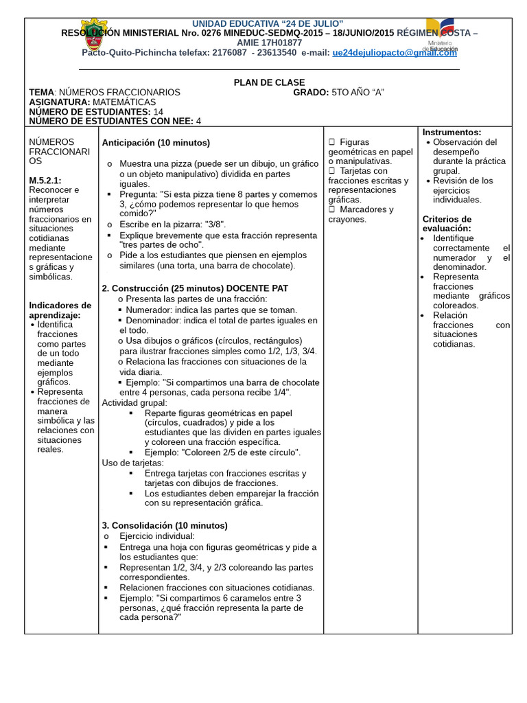 Plan de Clase Matem. | PDF