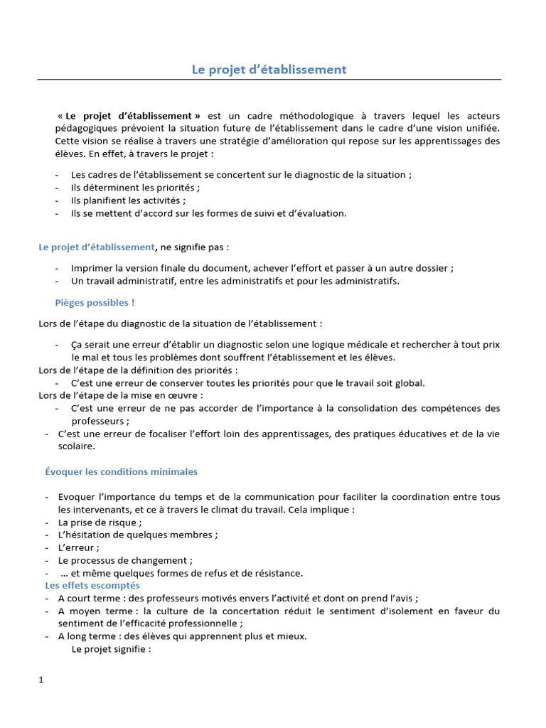 Projet Etablissement | PDF | Pédagogie