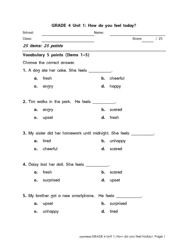 Grade 4 Feelings Assessment | PDF