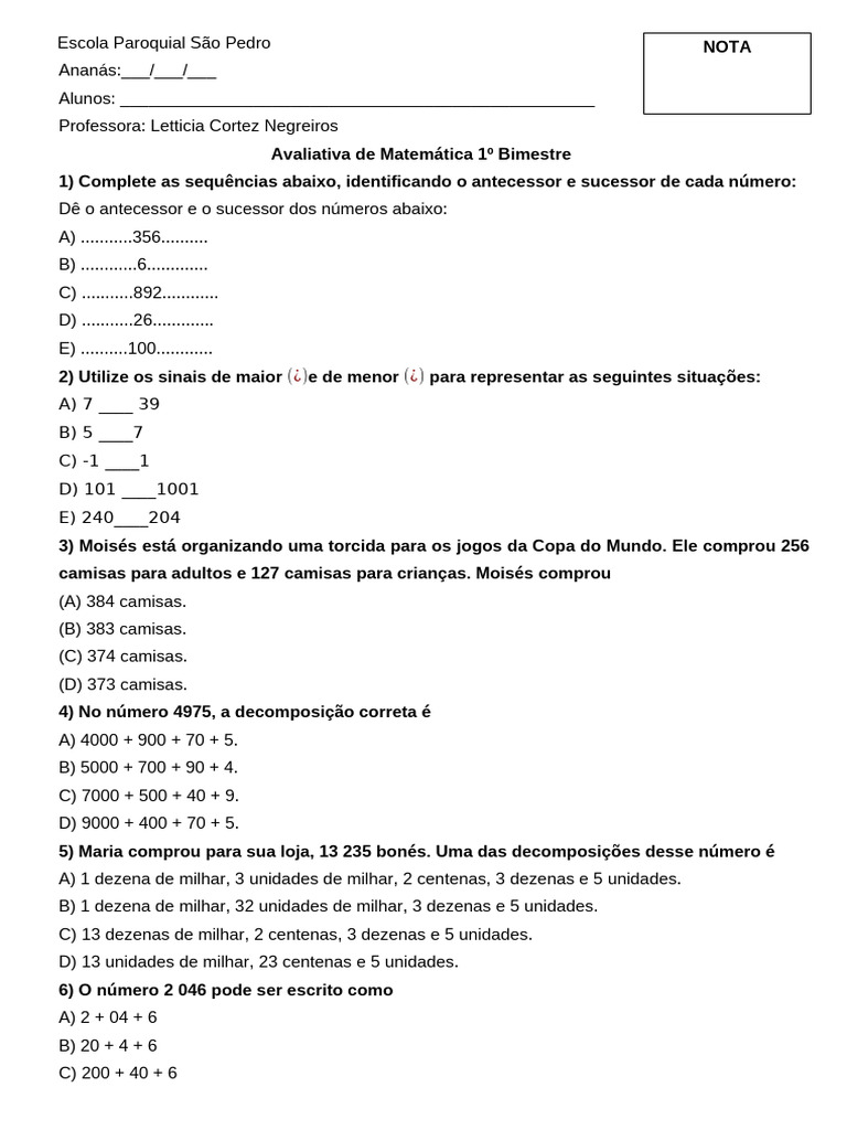 Avaliação de Matemática 6º Ano 2025 | PDF
