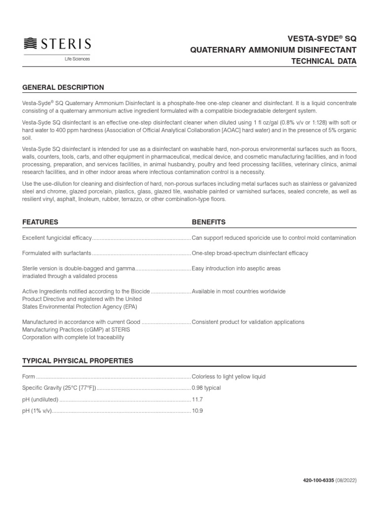 STERIS - Vesta Syde SQ Quaternary Ammonium Disinfectant - TDS - 420 100 ...