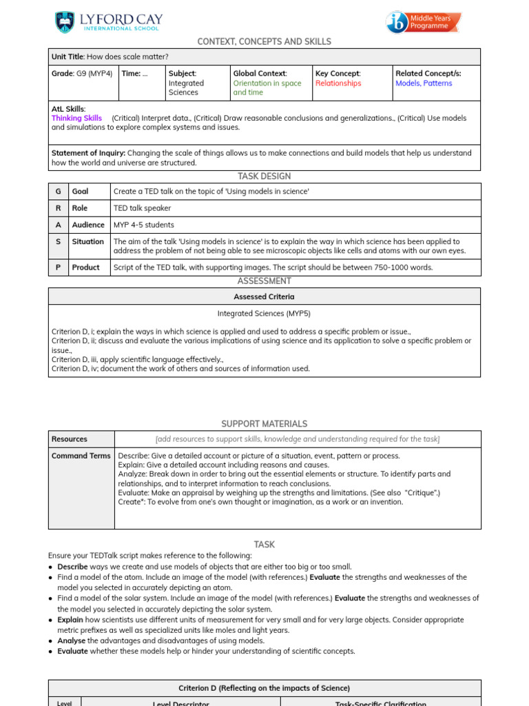 Criteria D How Does Scale Matter Task Sheet | PDF | Science | Atomic ...