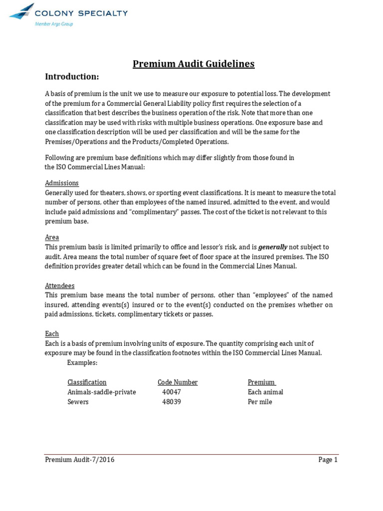 Premium Audit Guideline - 07-2016 | PDF | Insurance | Underwriting