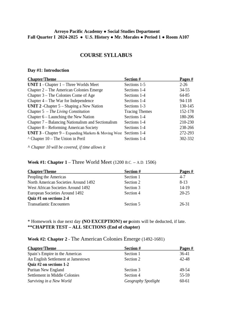 2024-2025 US History A Course Syllabus - Mr. Morales | PDF | States ...
