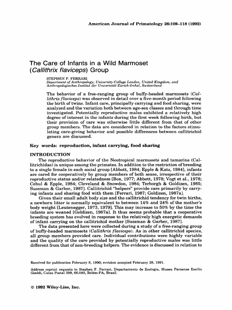 American J Primatol - 1992 - Ferrari - The Care of Infants in A Wild ...
