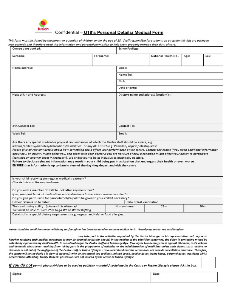 23.06.12 Blue Peris Trip Medical Form | PDF | Health Care | Medicine